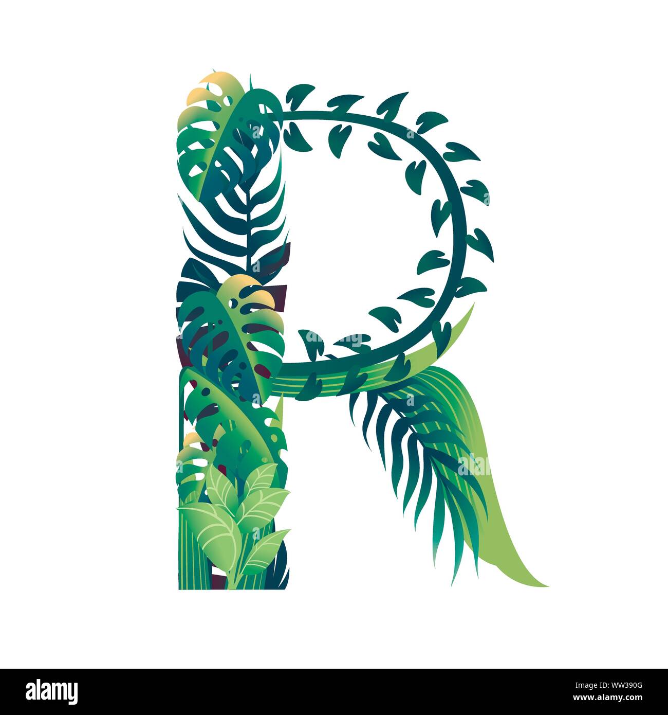 Leaf letter R with diffirent types of green leaves and foliage flat ...
