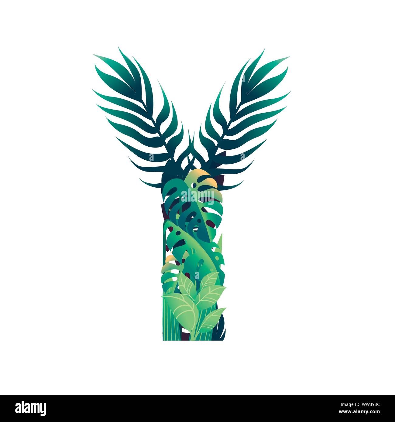 Leaf letter Y with diffirent types of green leaves and foliage flat ...