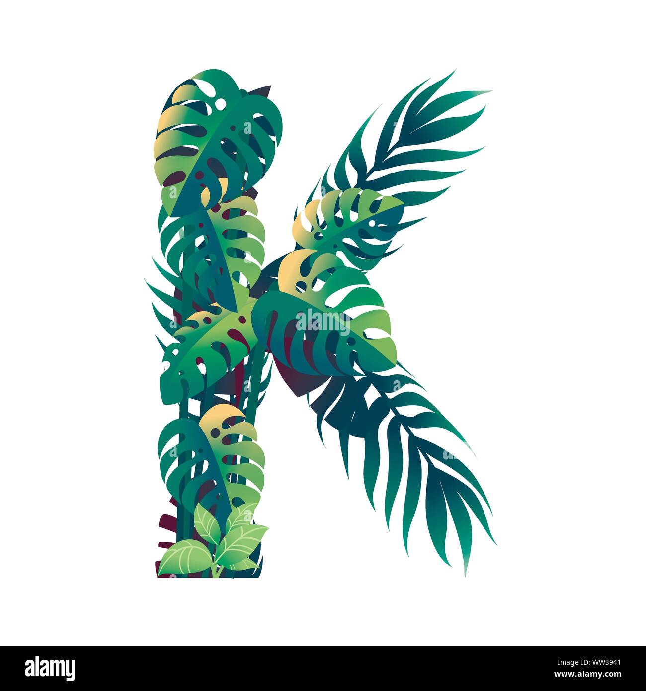 Leaf letter K with diffirent types of green leaves and foliage flat ...