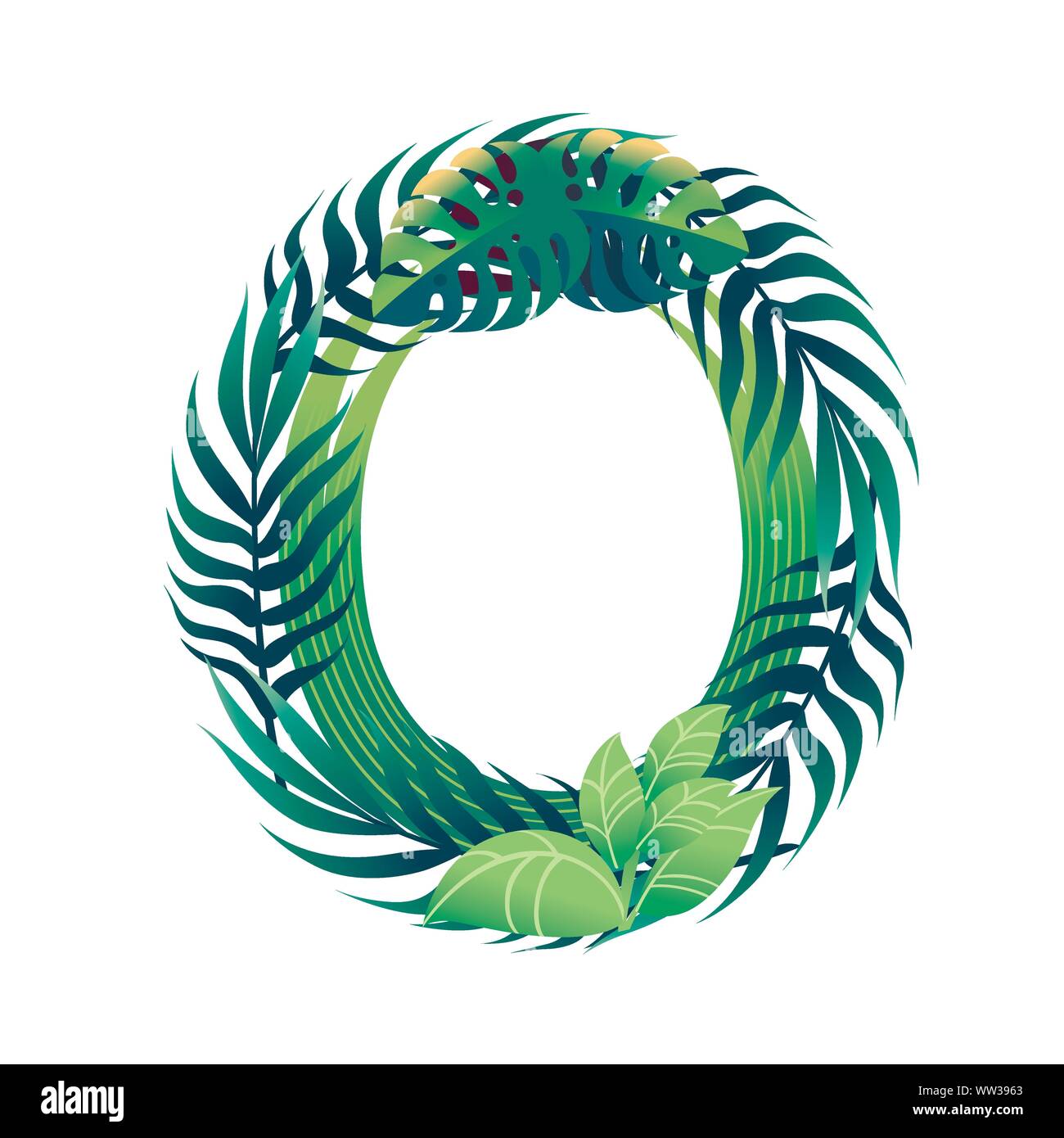 Leaf letter O with diffirent types of green leaves and foliage flat ...