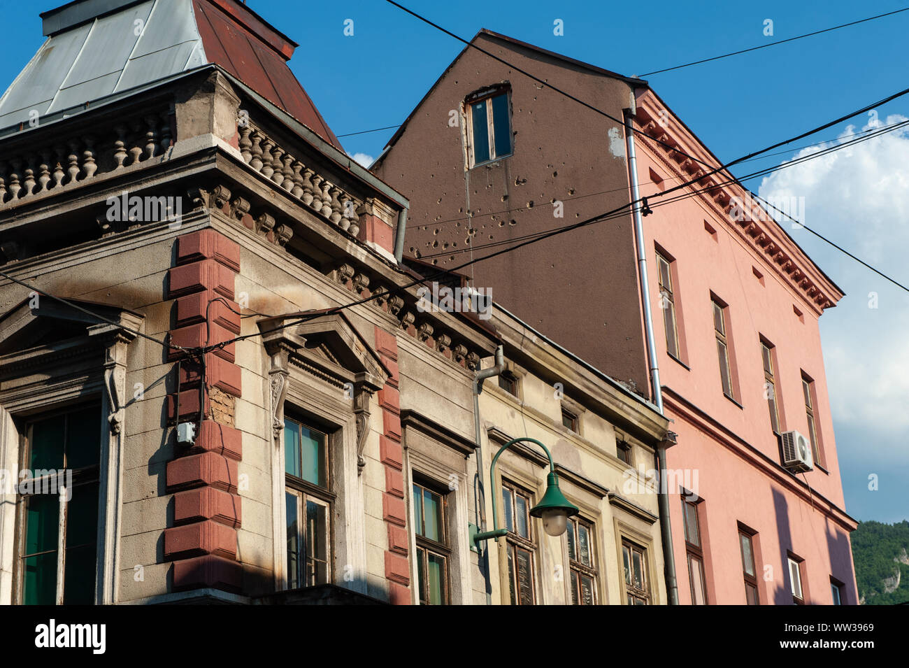 Bullet pock marks on a building in the Bosnian capital Sarajevo, Bosnia ...