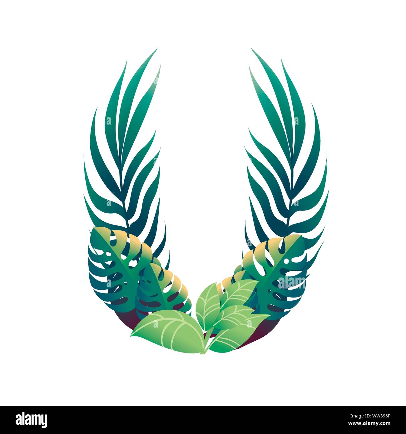 Leaf letter U with diffirent types of green leaves and foliage flat ...