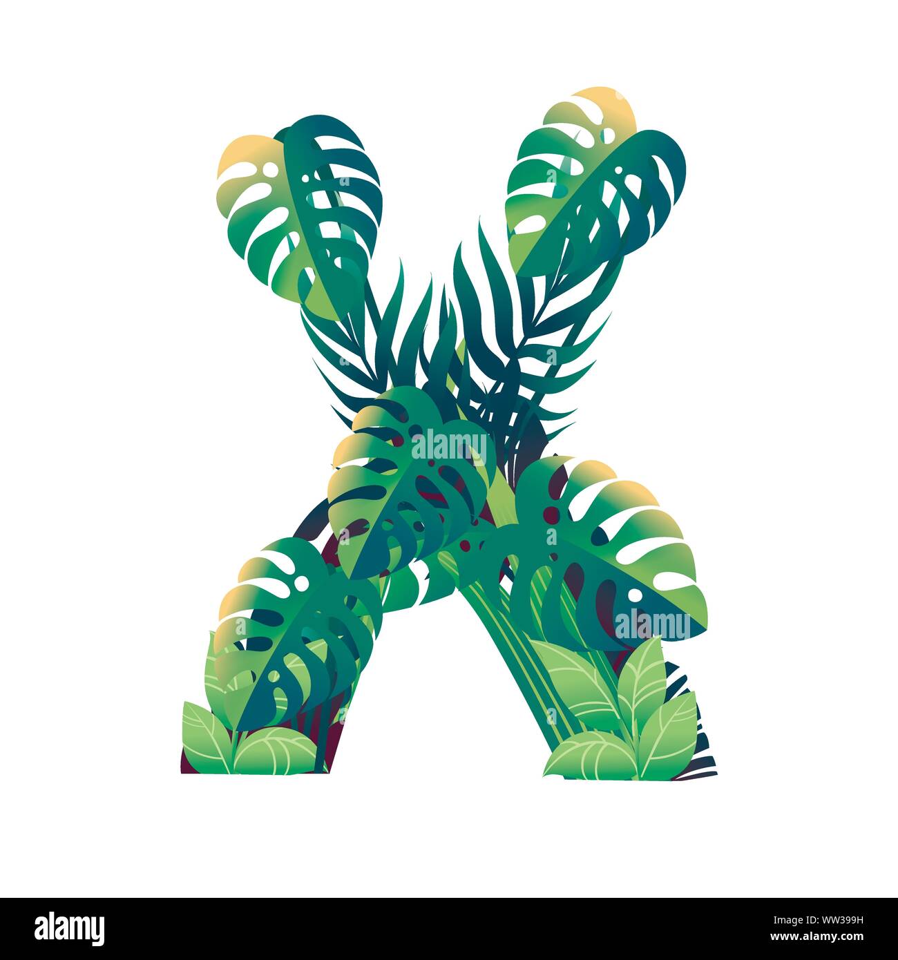 Leaf letter X with diffirent types of green leaves and foliage flat ...