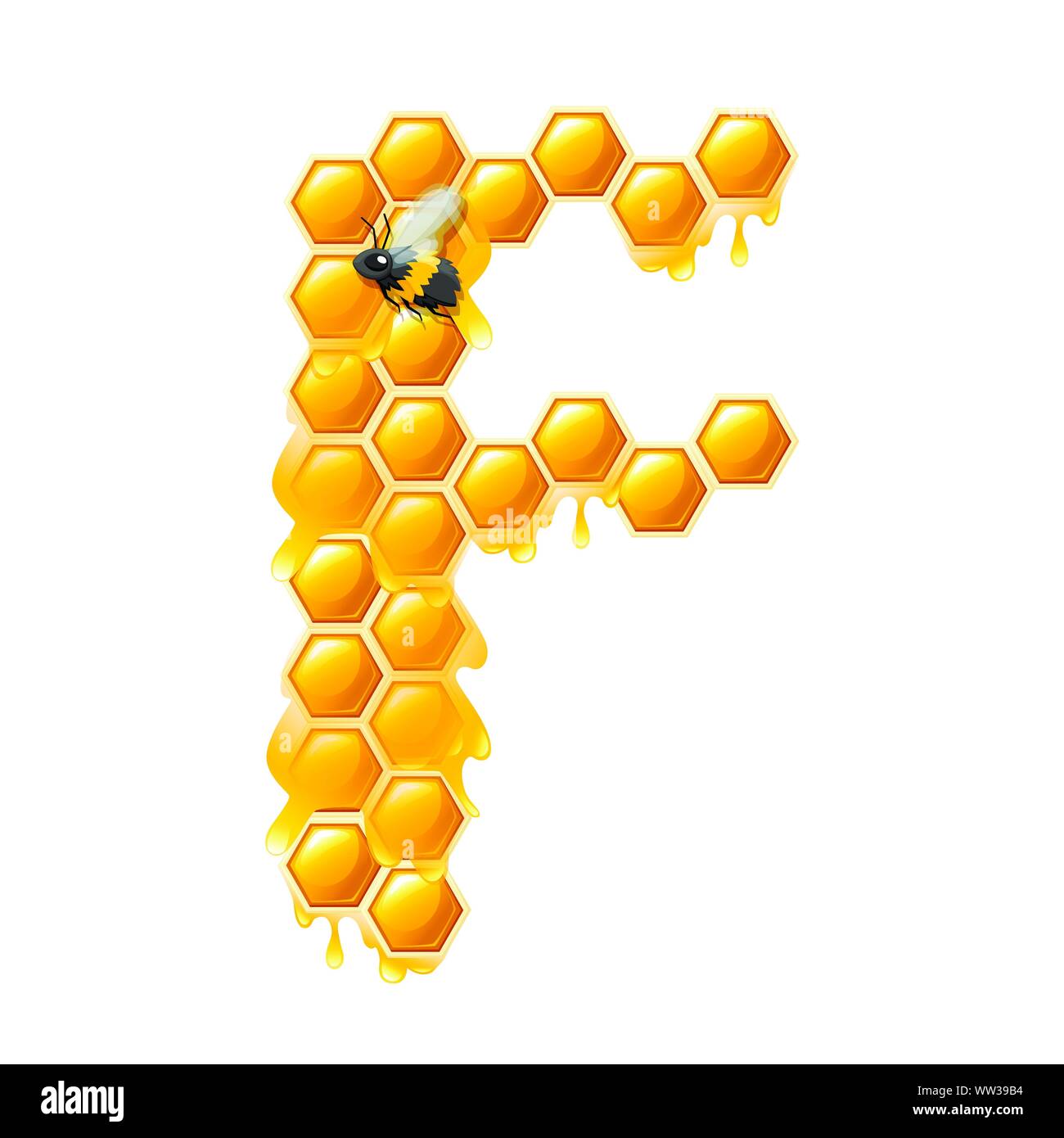 Honeycomb letter F with honey drops and bee flat vector illustration ...