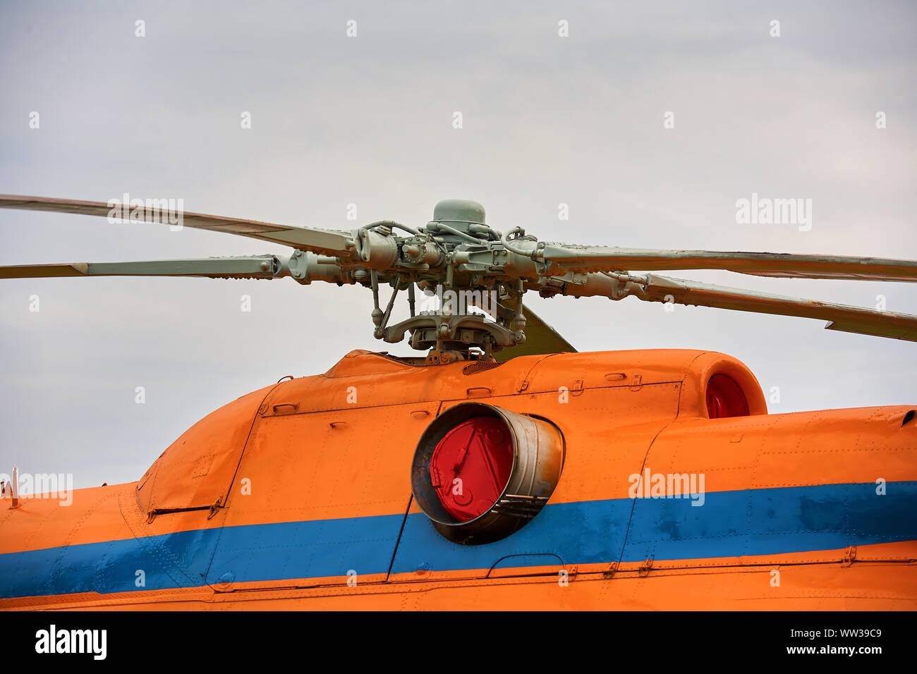 The propeller of the helicopter close-up against a gray sky Stock Photo ...