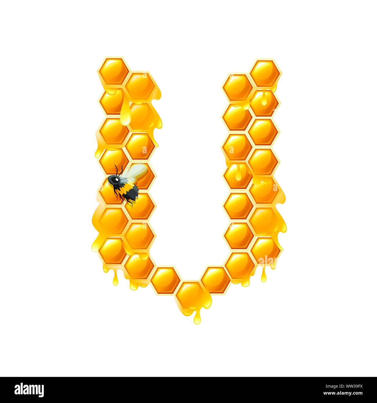 Honeycomb letter V with honey drops and bee flat vector illustration ...