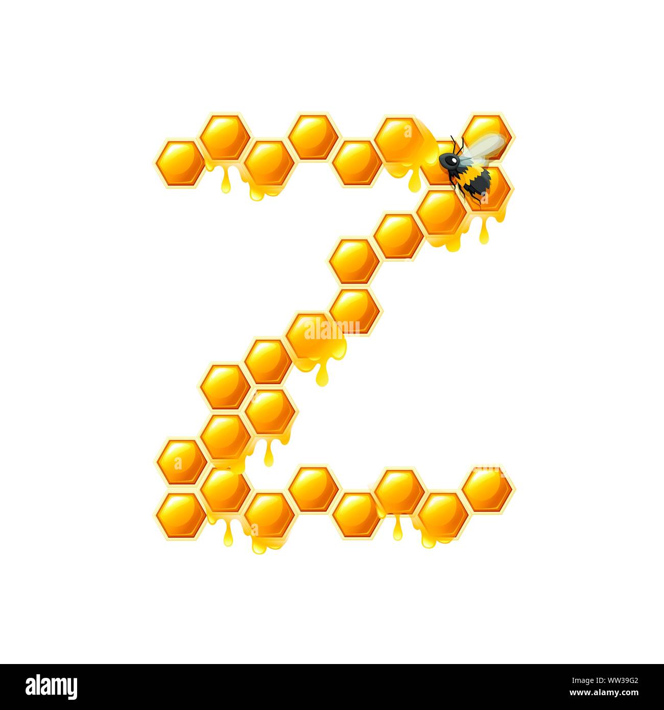 Honeycomb letter Z with honey drops and bee flat vector illustration ...