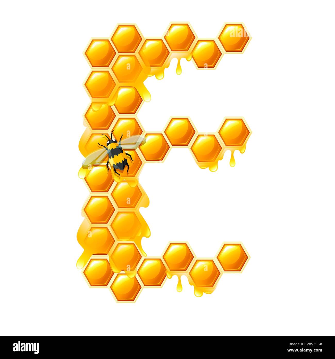 Honeycomb letter E with honey drops and bee flat vector illustration ...