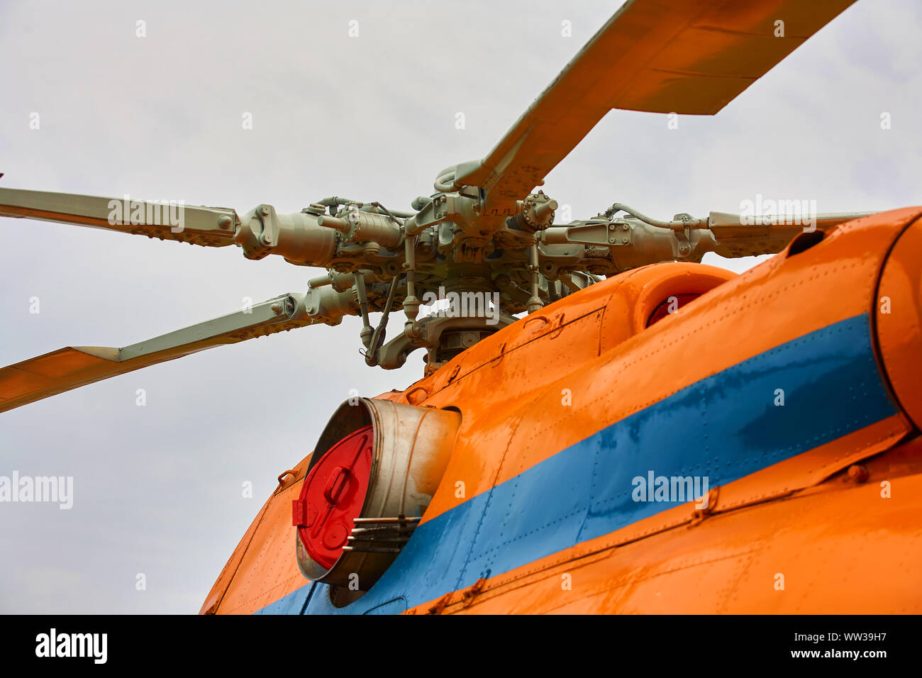 The propeller of the helicopter close-up against a gray sky Stock Photo ...