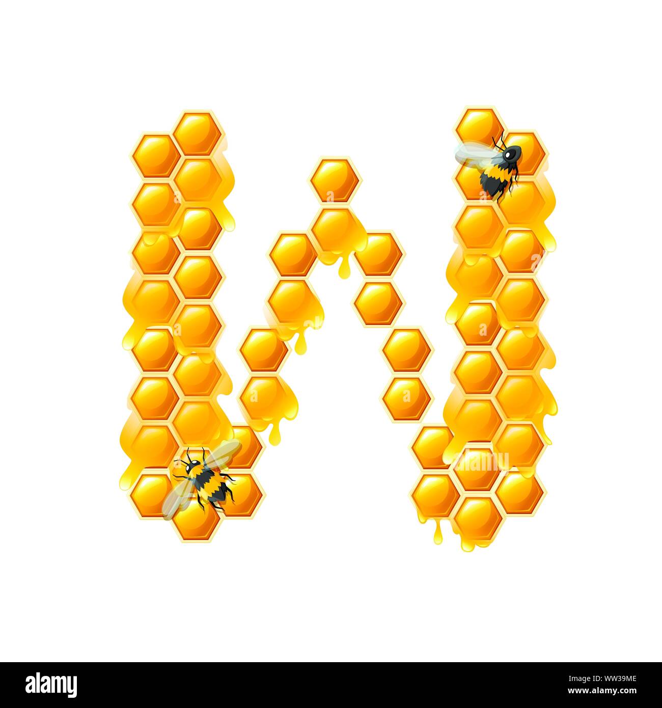 Honeycomb letter W with honey drops and bee flat vector illustration ...