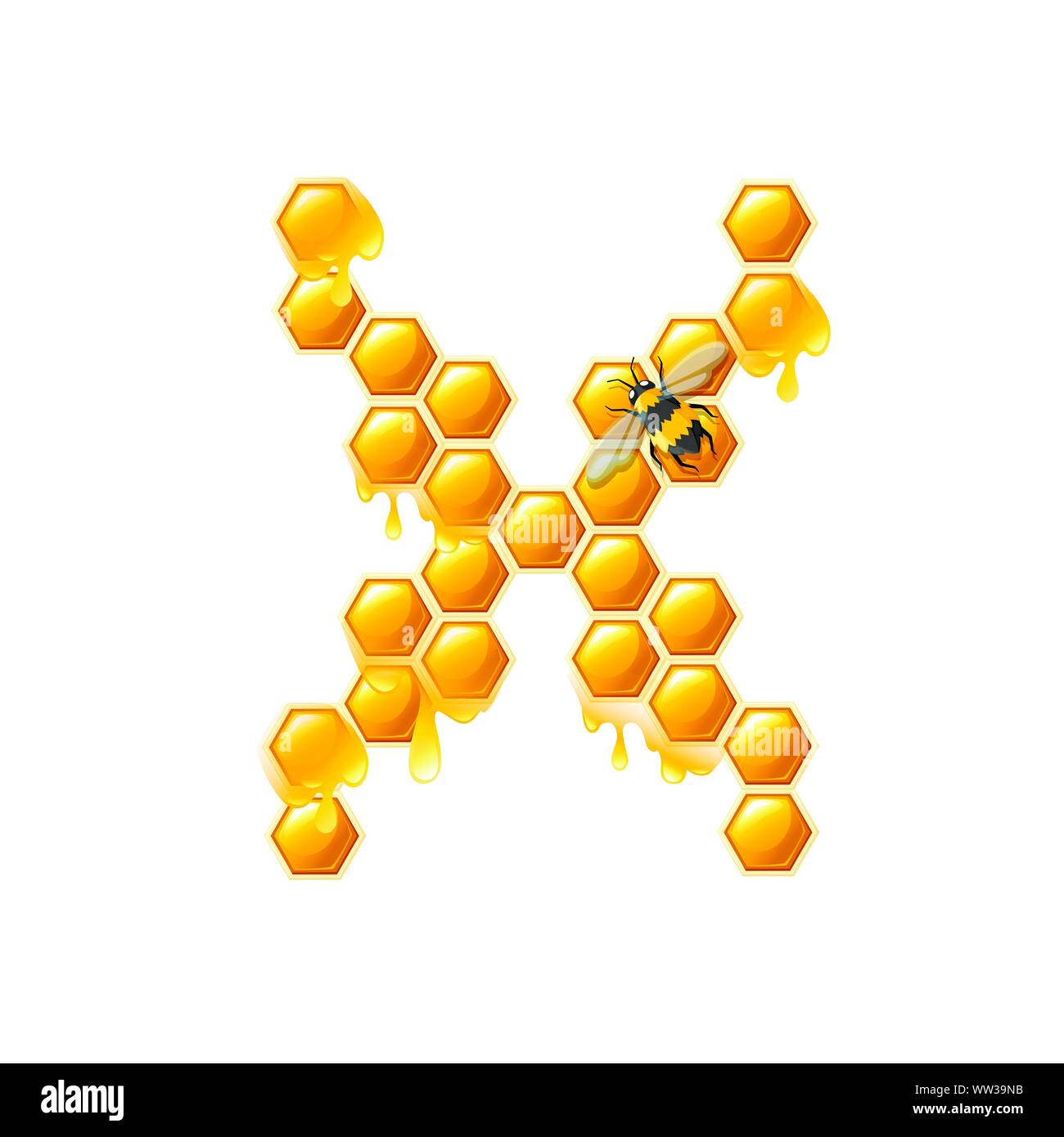 Honeycomb letter X with honey drops and bee flat vector illustration ...