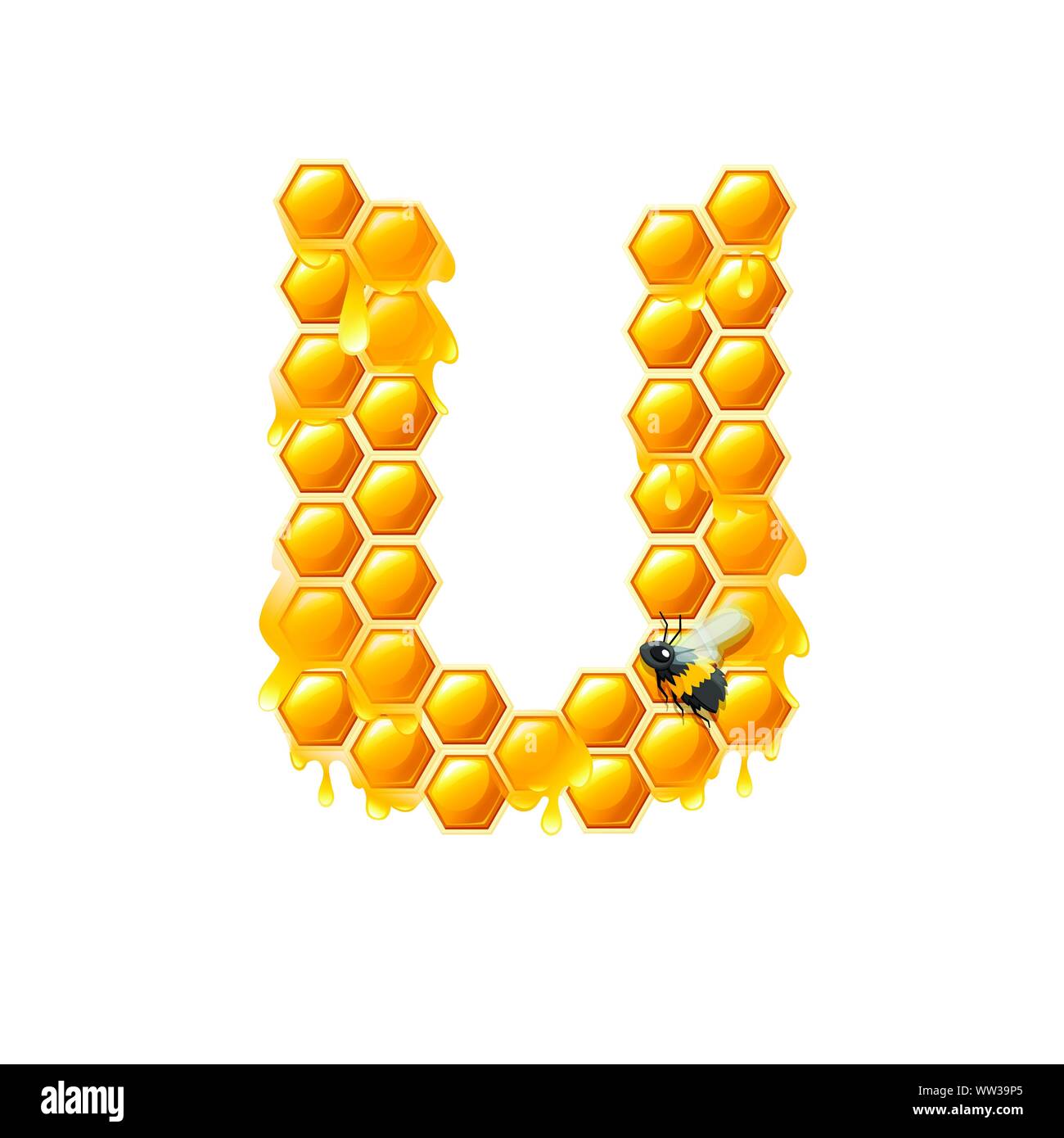 Honeycomb letter U with honey drops and bee flat vector illustration ...