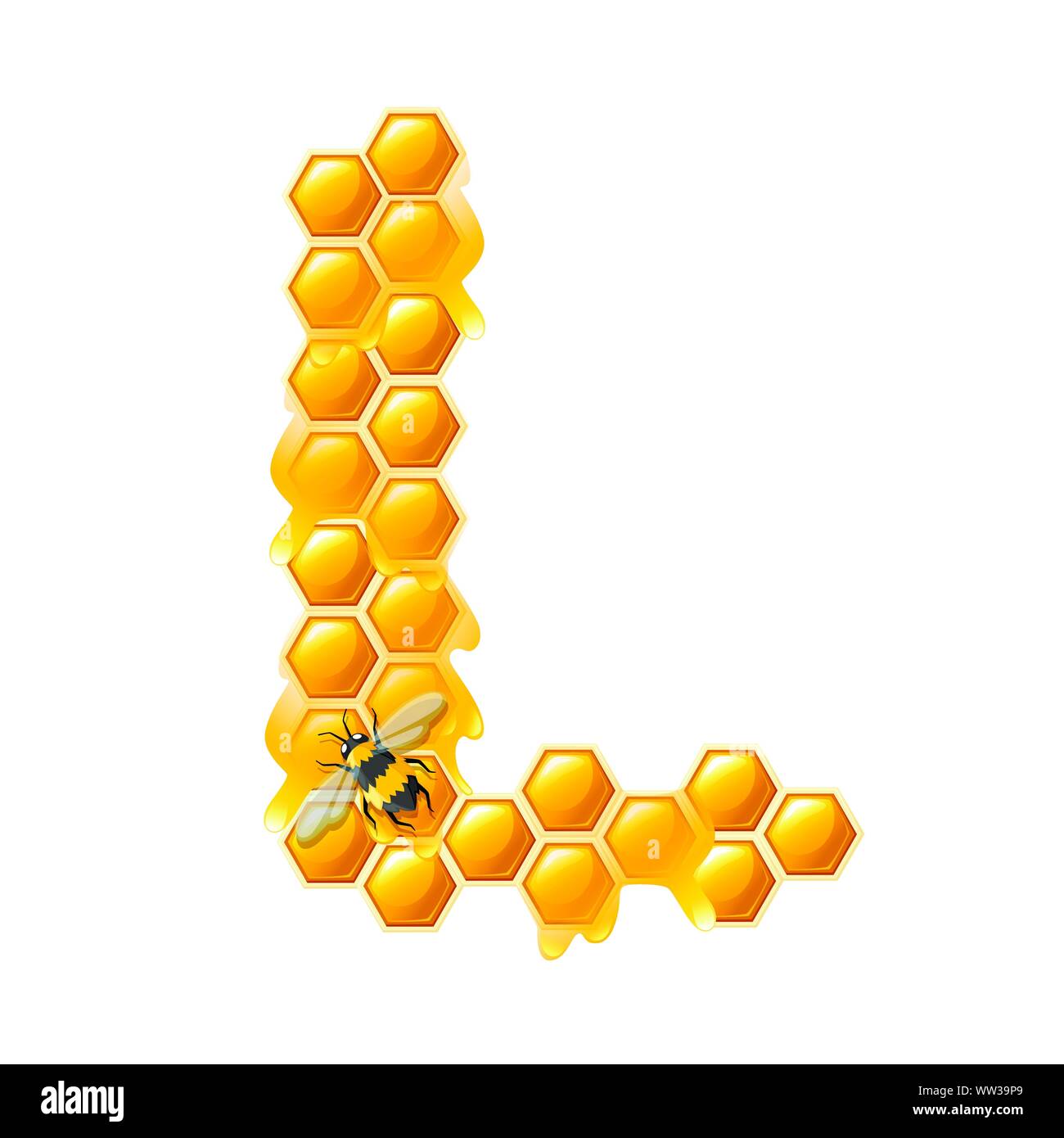 Honeycomb letter L with honey drops and bee flat vector illustration ...