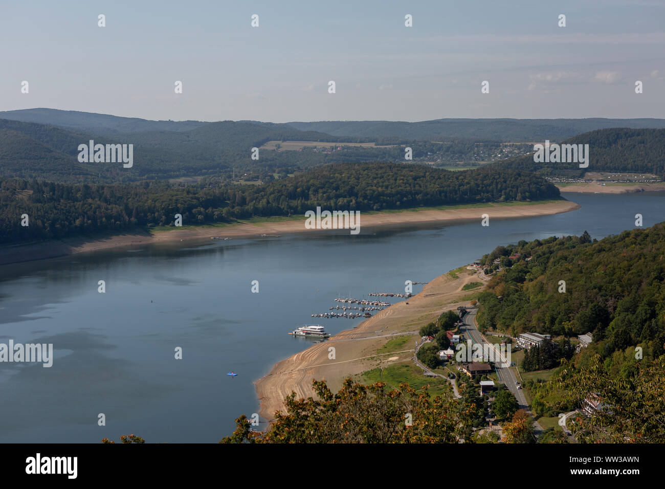Wide panorama with low water after drought at the Edersee in Germany ...