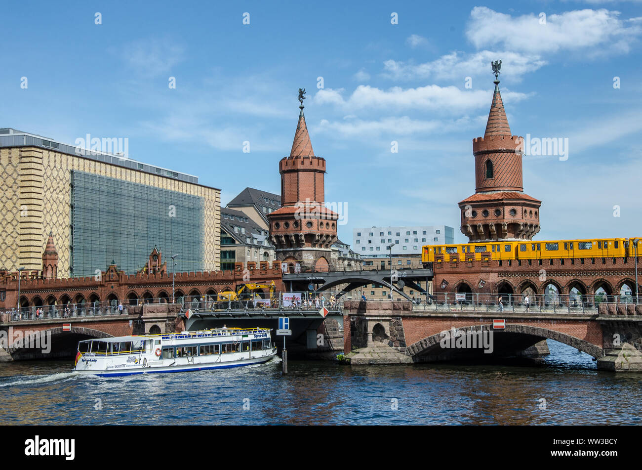 Berlin's double-decker bridge Oberbaum Bridge (Oberbaumbrücke), built ...