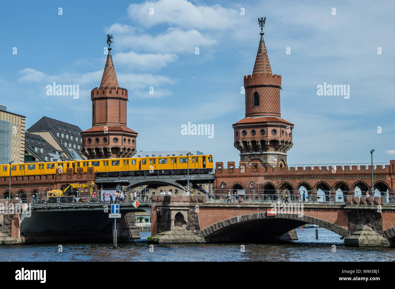 Berlin's double-decker bridge Oberbaum Bridge (Oberbaumbrücke), built ...