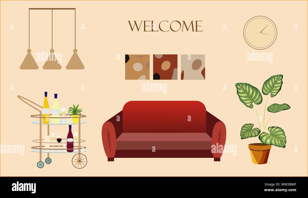 Trendy home decor elements with plants and interior design Stock Vector ...