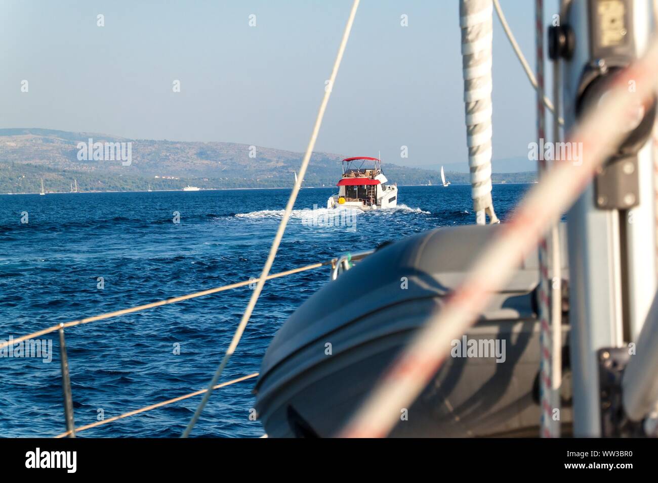 Boats on the Adriatic Sea from the deck of a yacht. Cruise from harbor ...