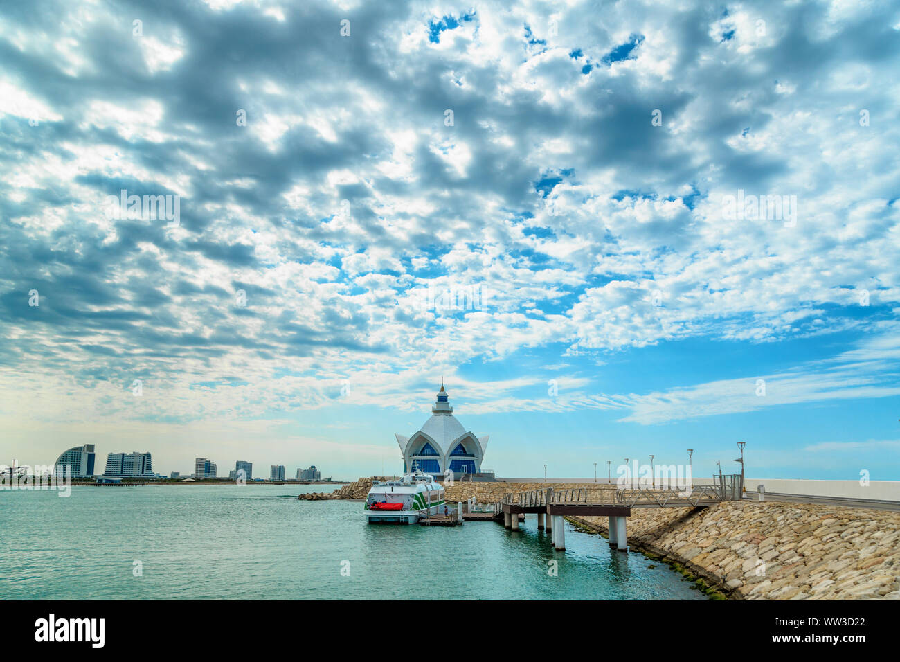 background of blue sky with beautiful clouds and azure sea with Marina ...