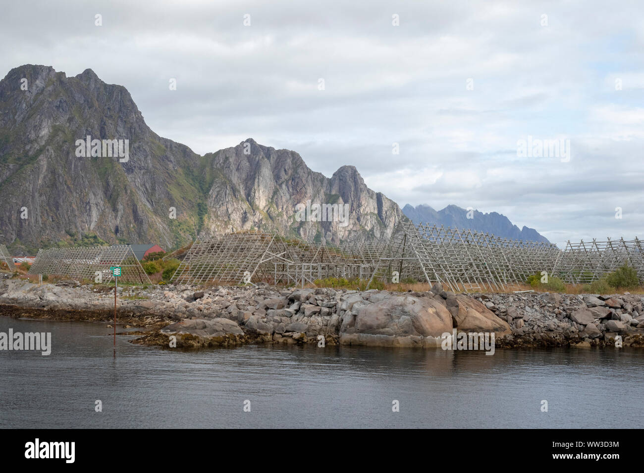 Traditional fish drying racks at Svinoya, Svolvaer, on the Lofoten ...