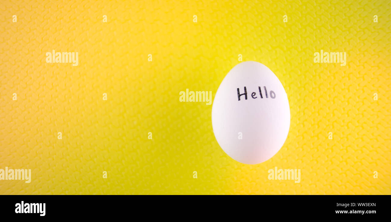 White chicken egg with black inscription hello on a yellow background ...
