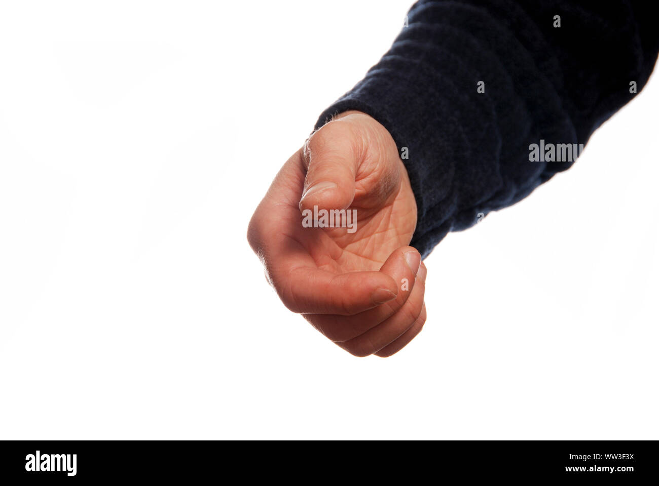 male hand in a gesture of accepting something over white background ...