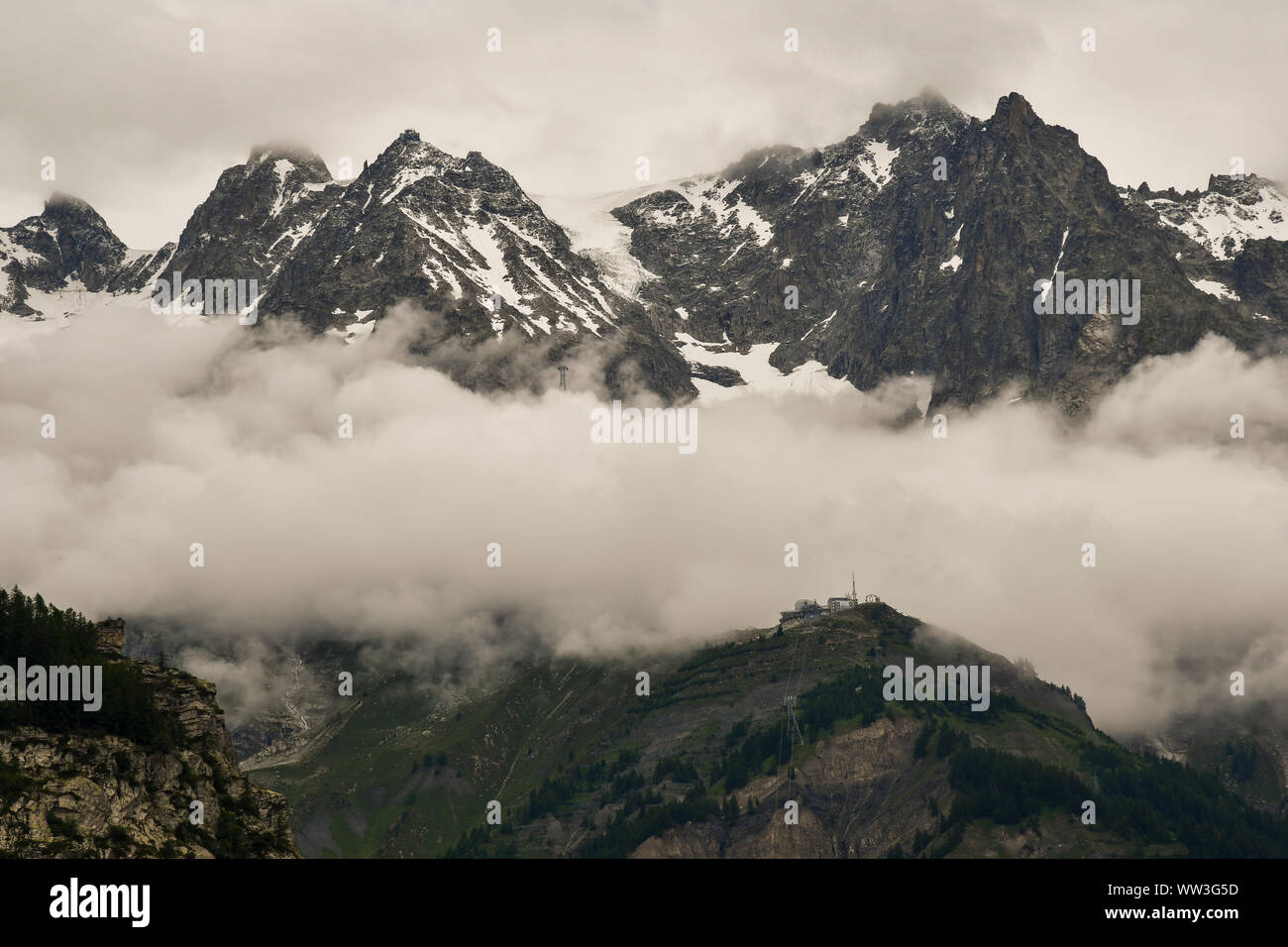 Elevated view of the Mont Blanc mountain range with the Skyway Monte ...
