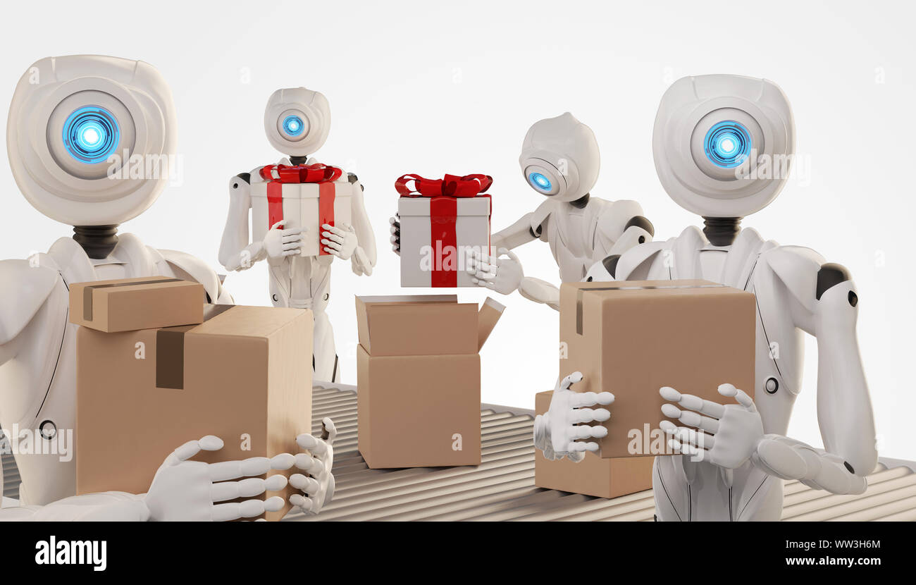 autonomous robot packs presents in boxes 3d-illustration Stock Photo ...