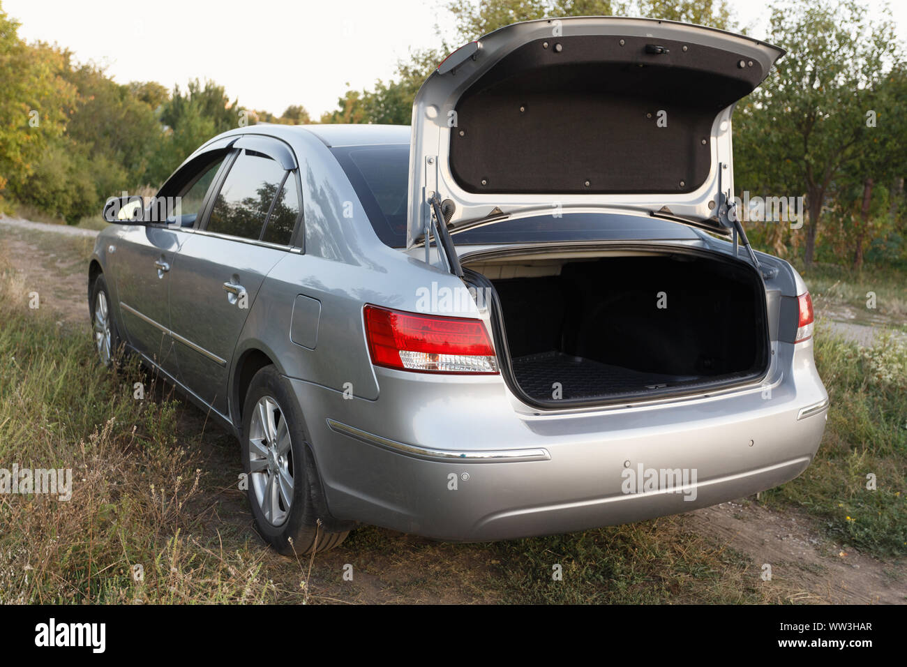Car with open clean empty trunk on the rural road Stock Photo - Alamy
