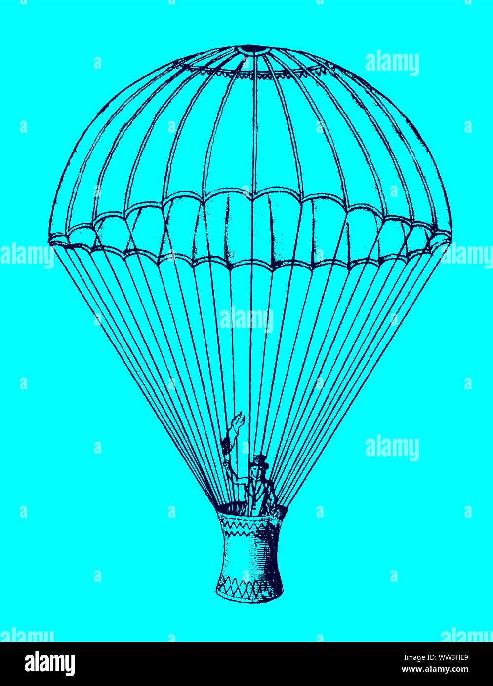 Fully deployed and descending historic parachute with a man standing in ...