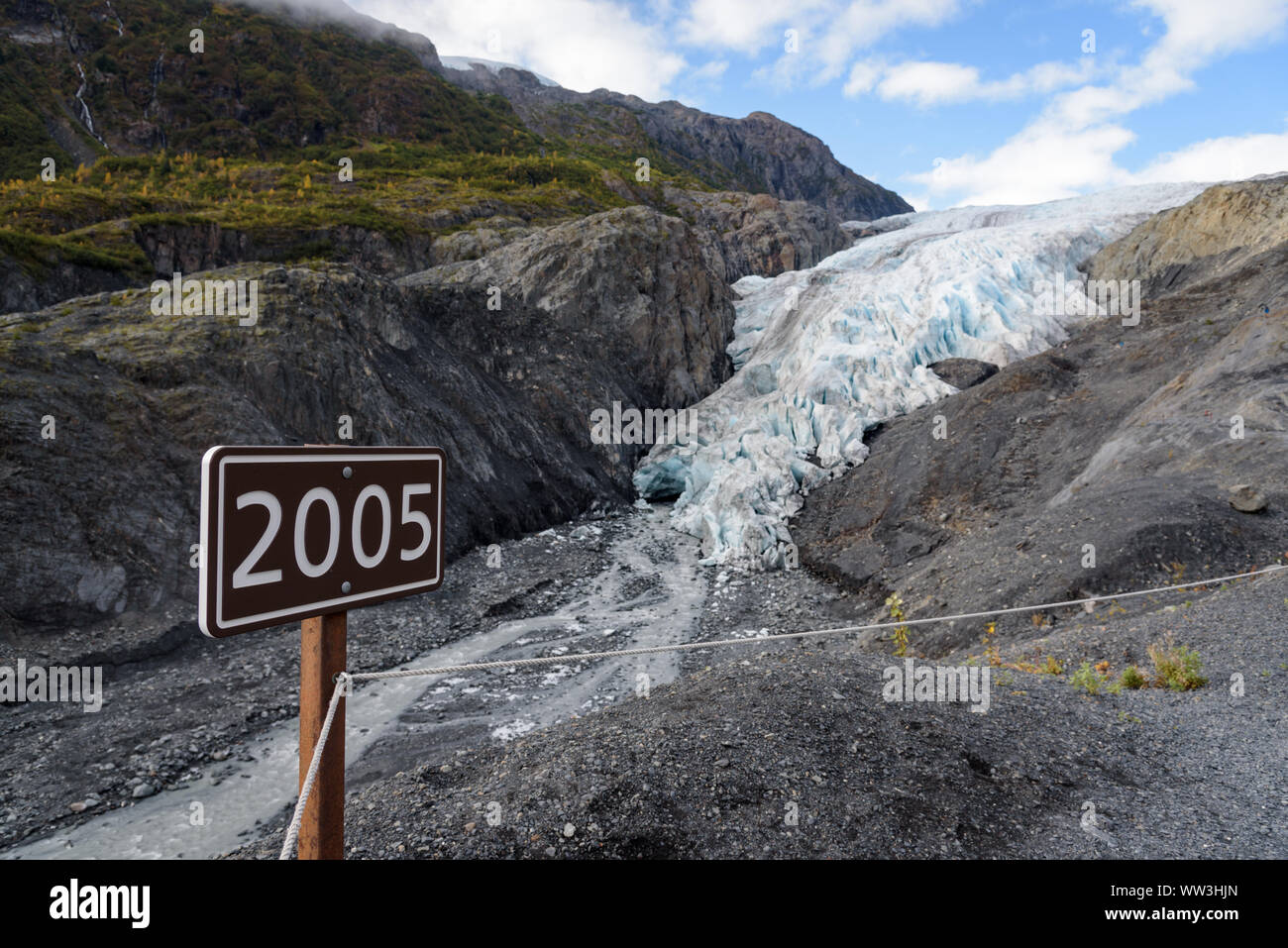 Sign 2005 at the Exit Glacier. It shows where the glacier was in 2005 ...