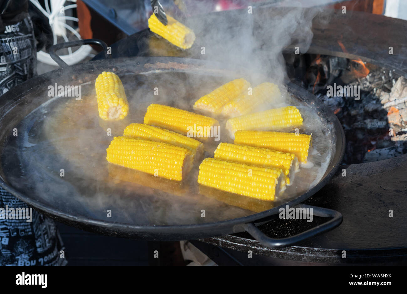 Boiled corn on the cob. Hot freshly cooked corn. Cereal crops concept ...
