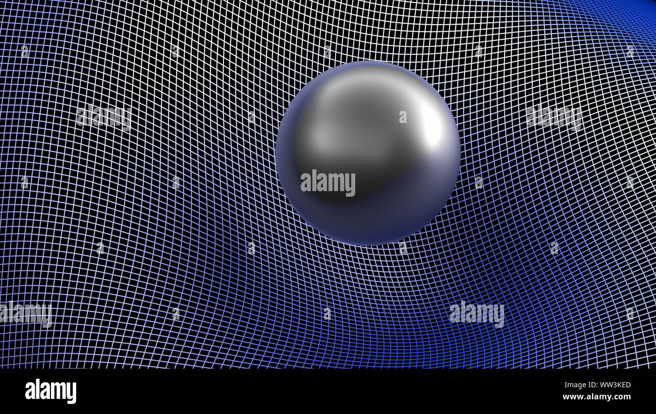 Black glossy sphere over a curved grid - 3D rendering illustration ...