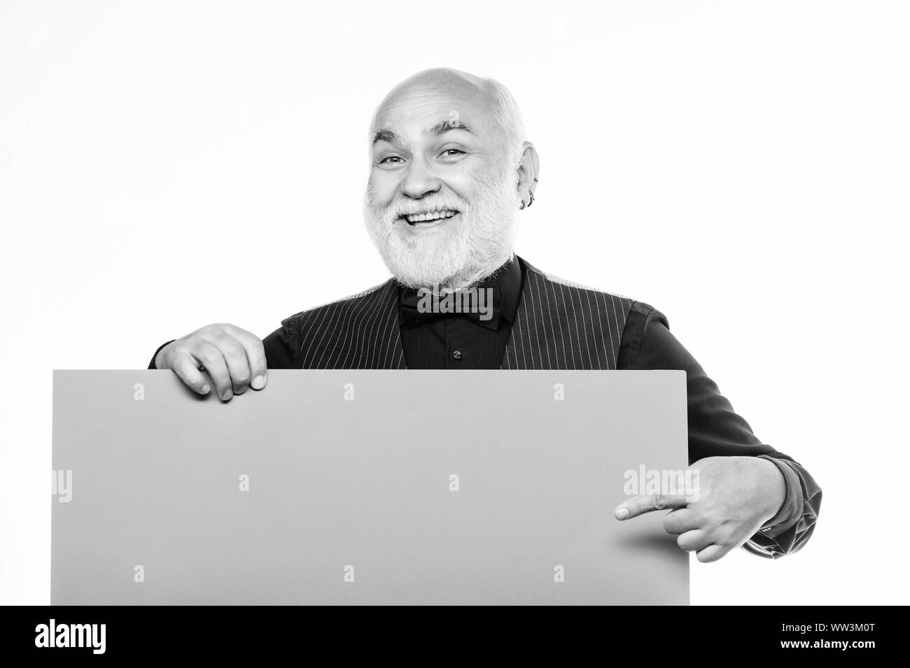 Elderly people. Man bold head and gray beard hold poster for ...