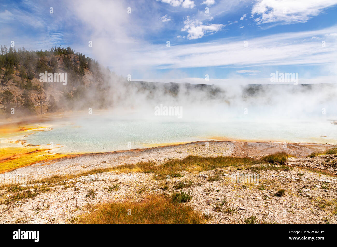 Steam rises from a pool at Grand Prismatic Spring in Yellowstone ...