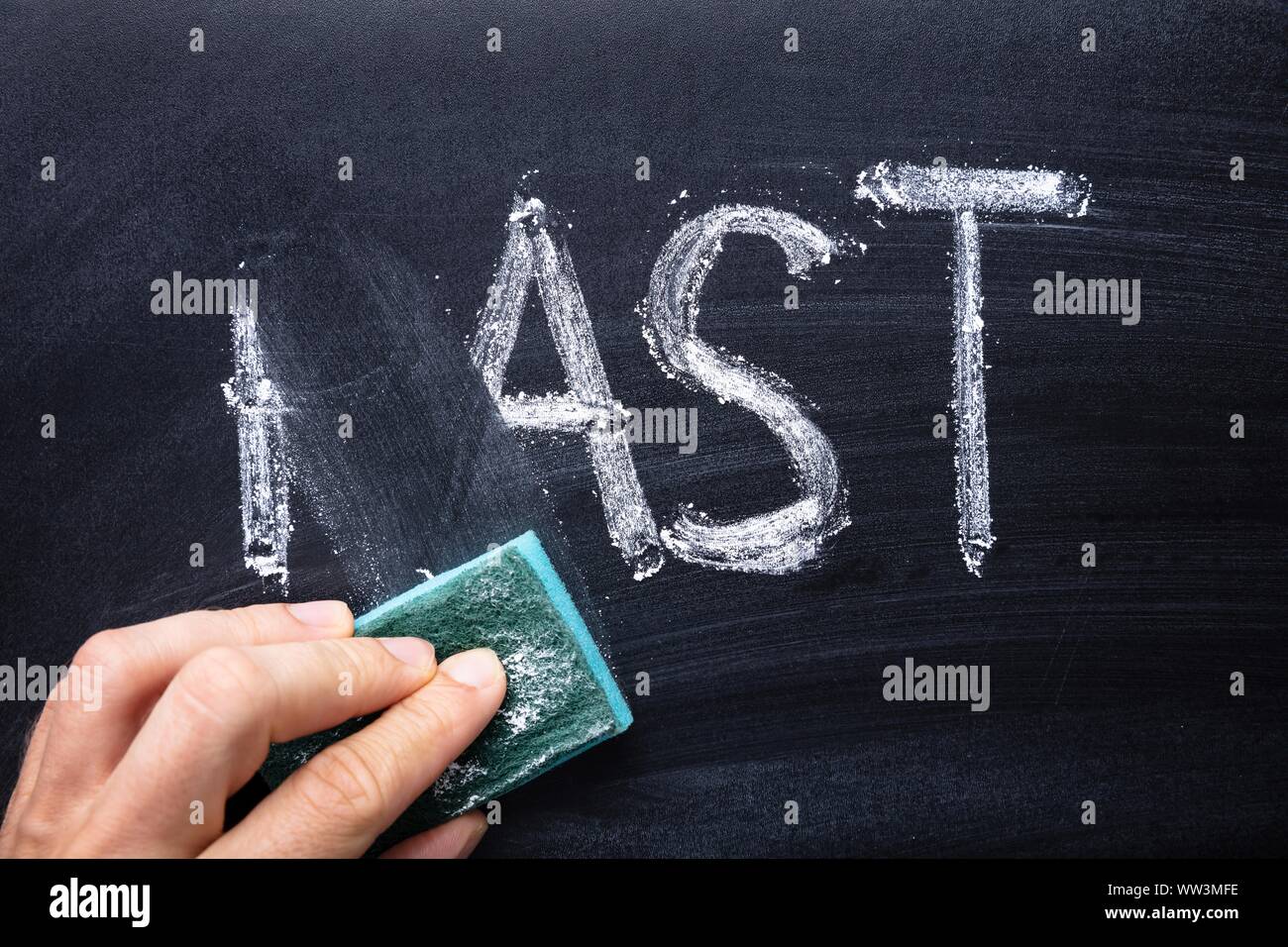Hand Erasing Handwritten Word Past From Blackboard Stock Photo - Alamy