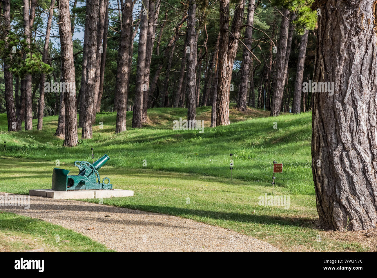 A trench mortar gun at the restored WWI trenches at the Canadian ...