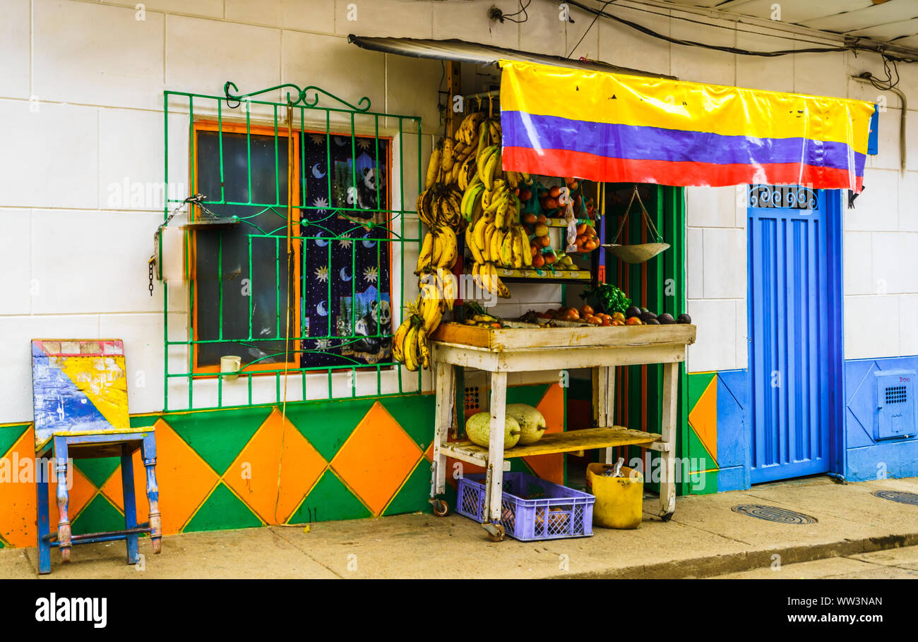View on shop selling fruits in the colonial village of Colombia Stock ...