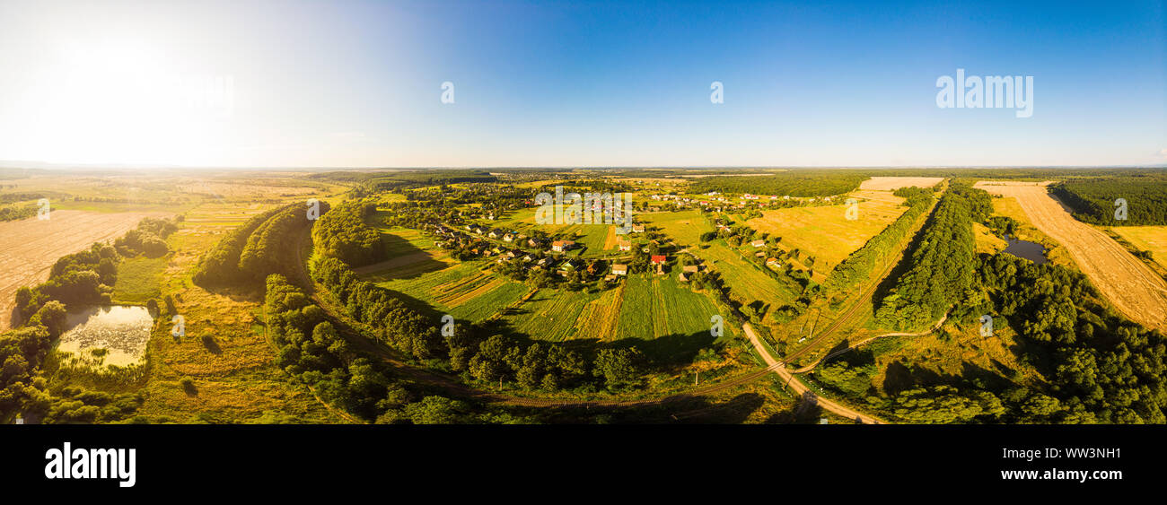 Aerial drone view of traditional Ukrainian village. 180 degrees ...