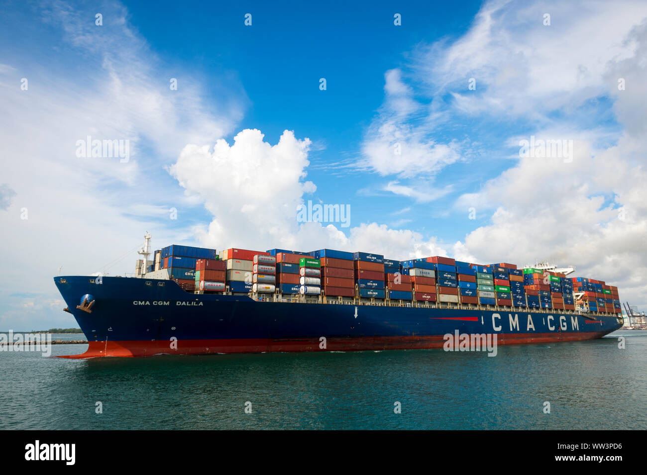MIAMI - SEPTEMBER 5, 2019: A container ship owned by the company CMA ...
