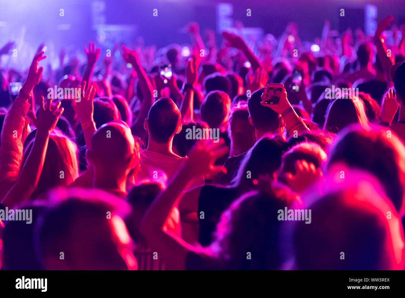 Crowd of fans are cheering at open-air music festival, back view Stock ...