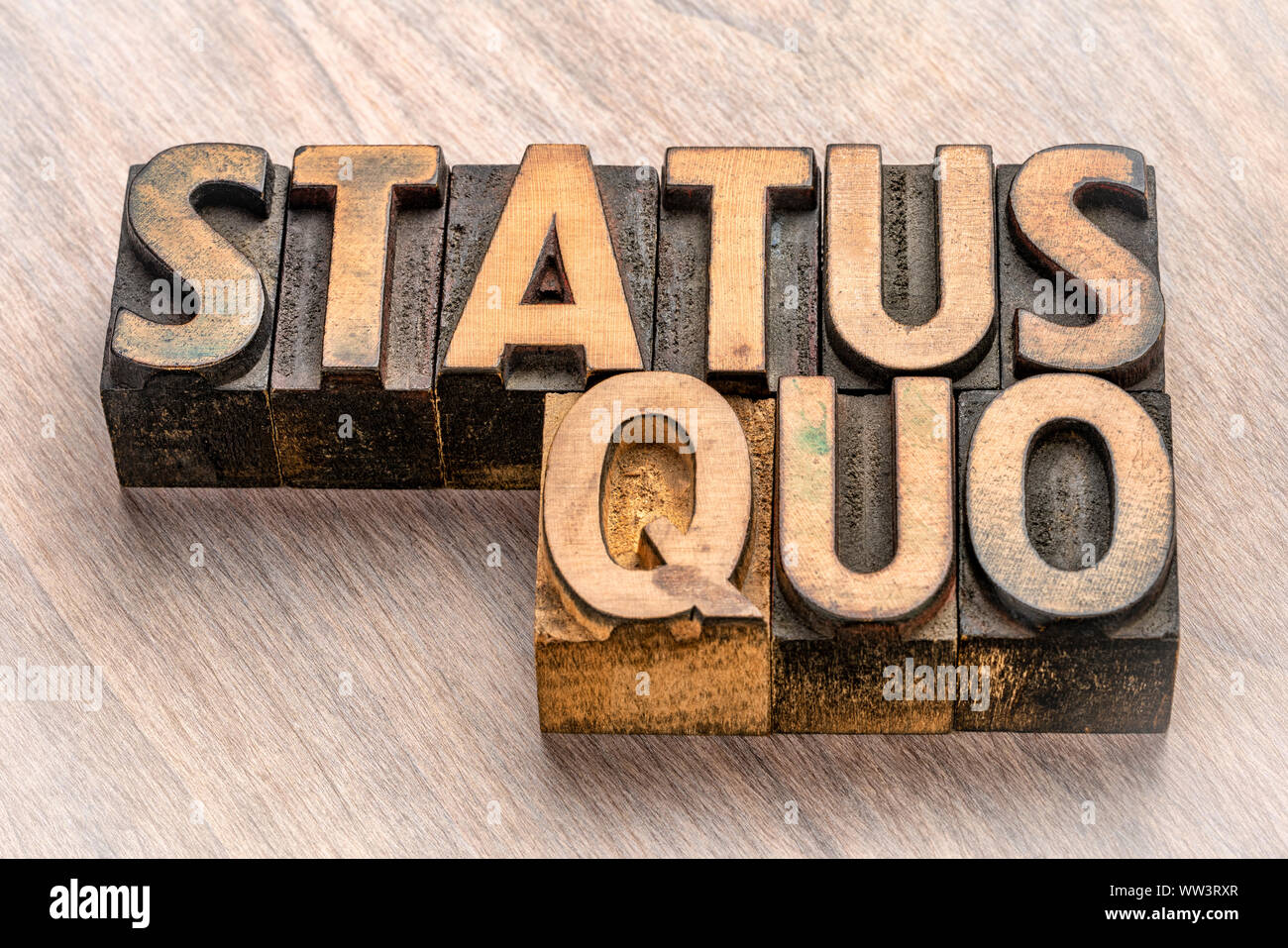 status quo word abstract in vintage letterpress wood type, normality ...