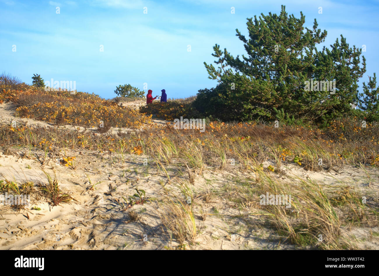 Two anonymous people in winter jackets talking to each other at a ...