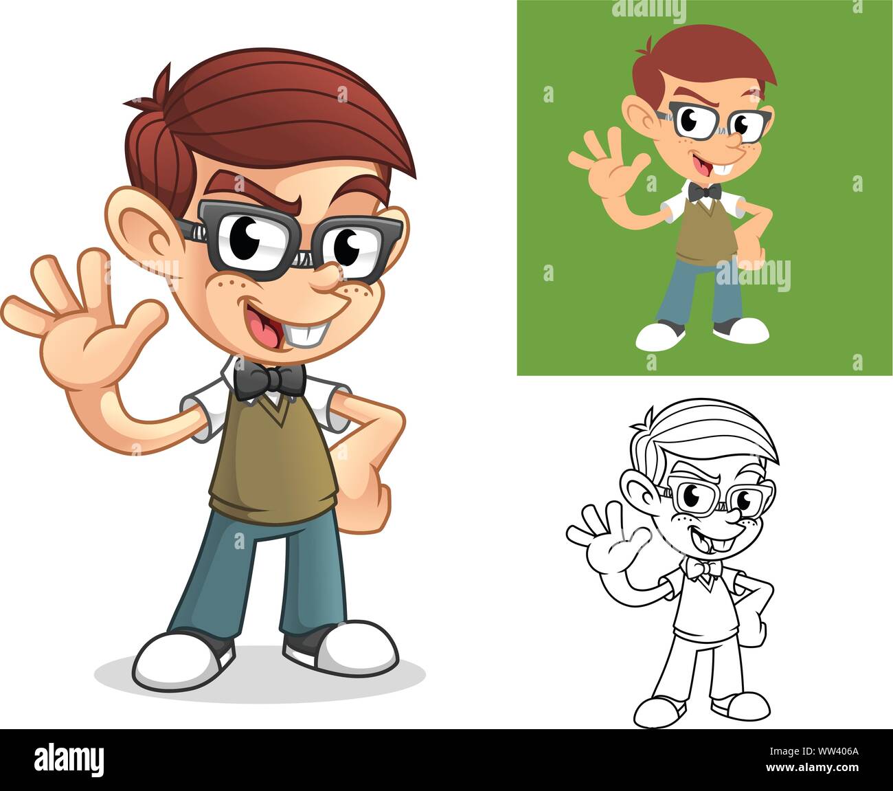 Happy Geek Boy Waving Cartoon Character Mascot Illustration, Including ...