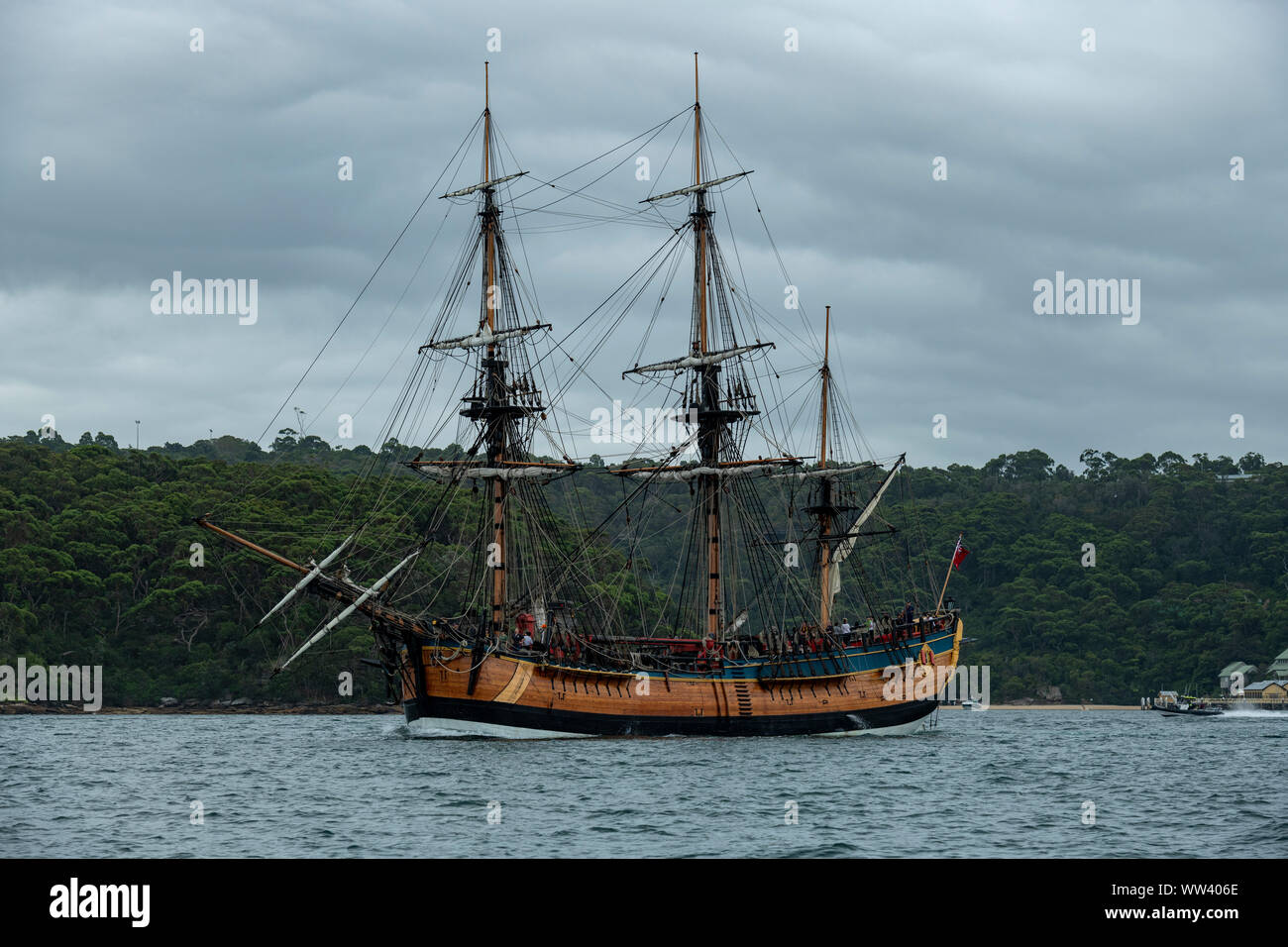 Replica of Captain Cook's sailing ship HM Endeavour. Sydney Harbour ...