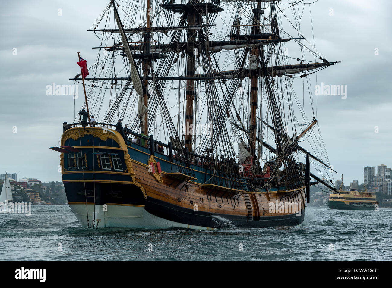 Replica of Captain Cook's sailing ship HM Endeavour. Sydney Harbour ...