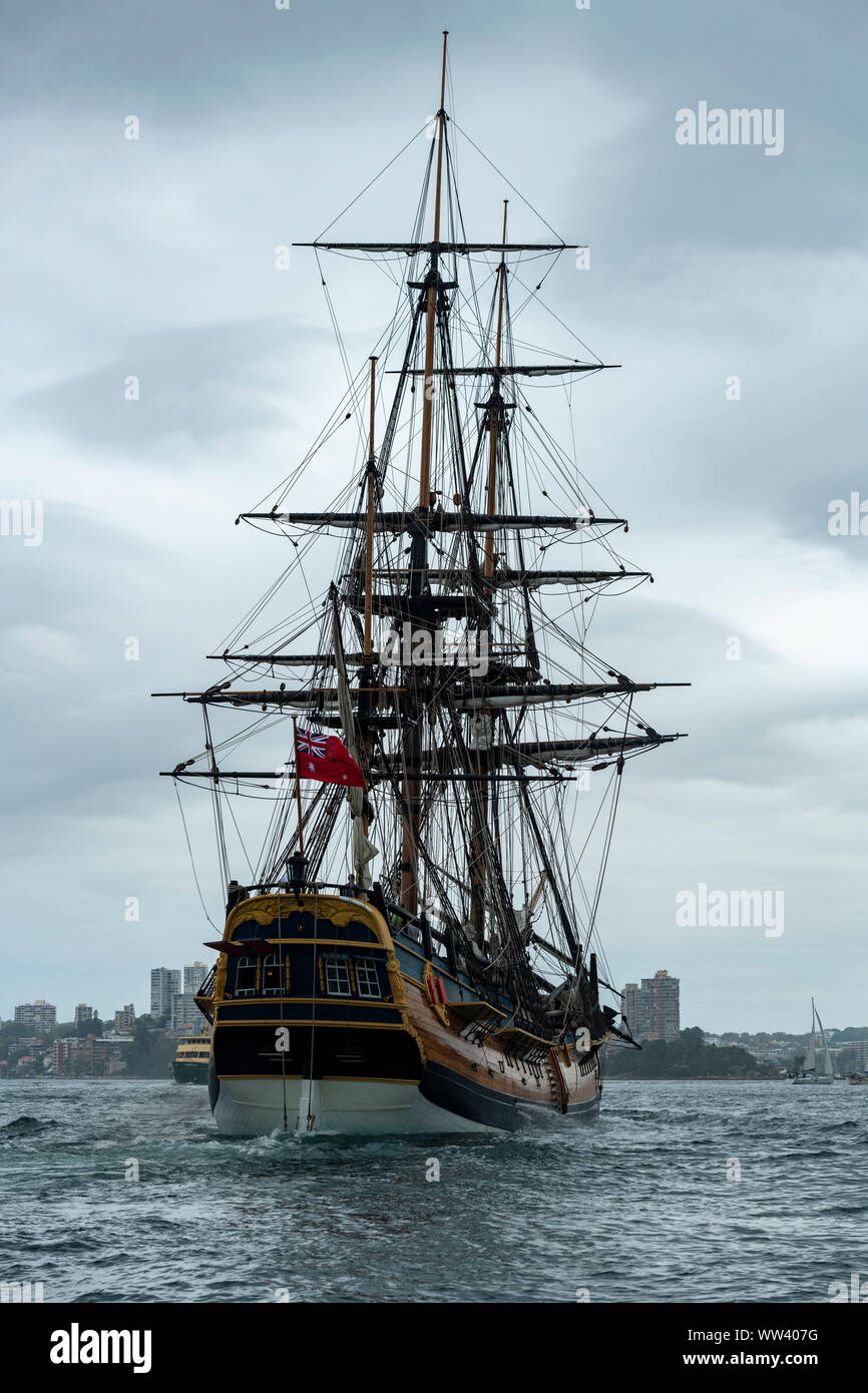 Replica of Captain Cook's sailing ship HM Endeavour. Sydney Harbour ...