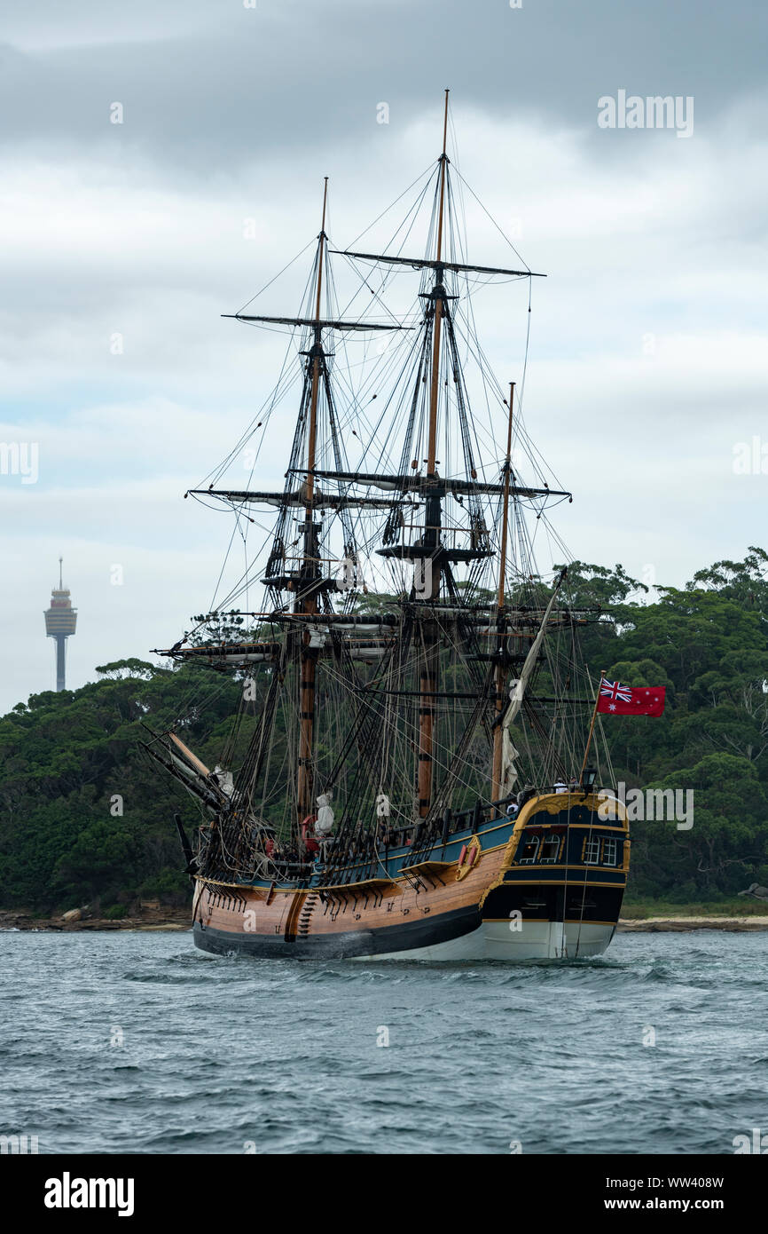 Replica of Captain Cook's sailing ship HM Endeavour. Sydney Harbour ...