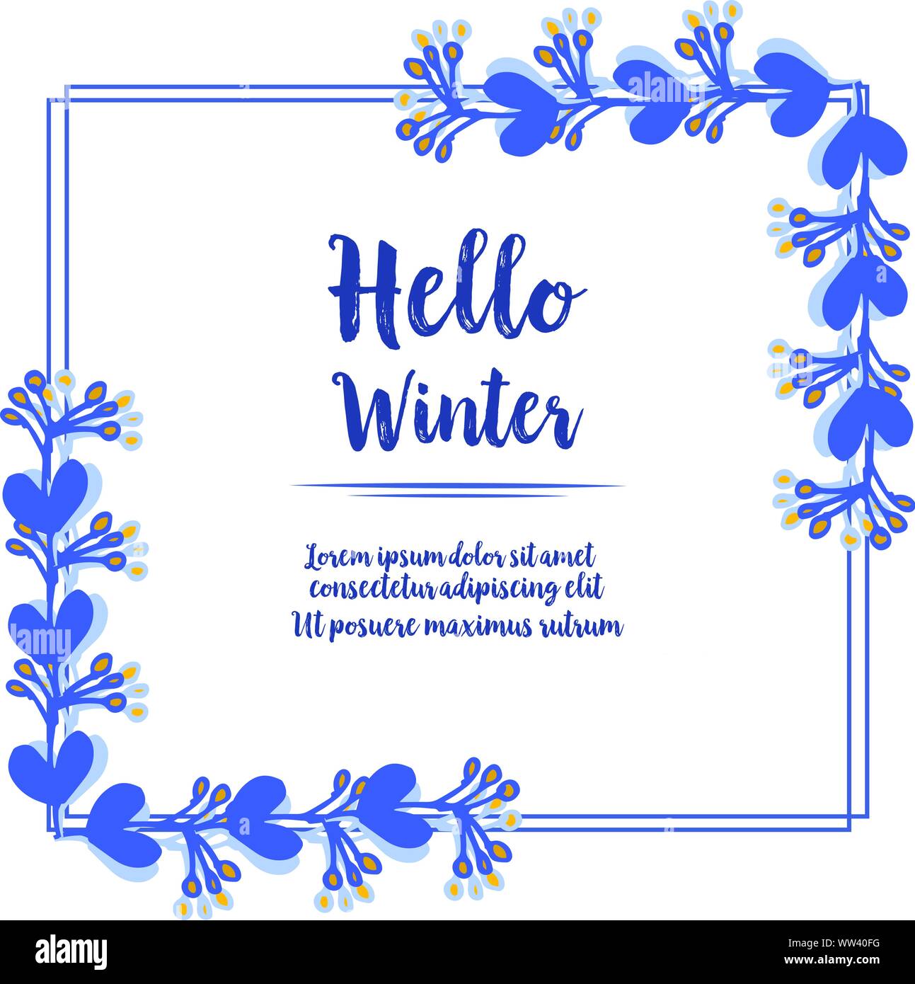 Hello winter background, with style of blue leafy flower frame. Vector ...