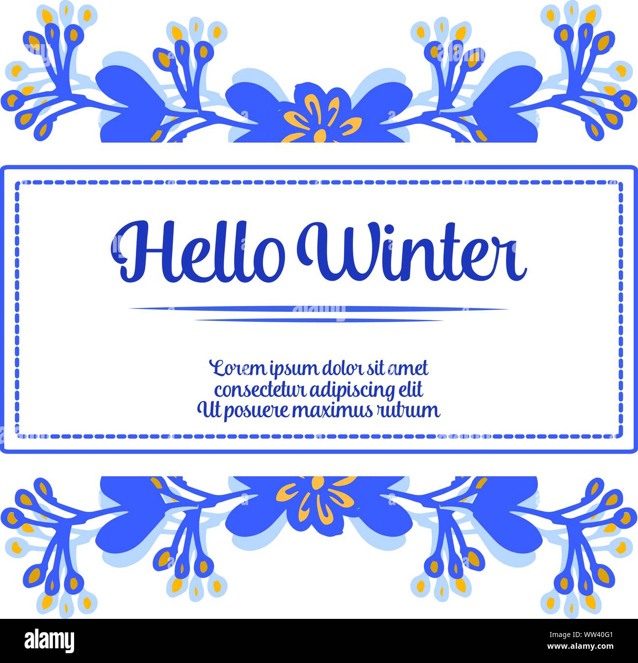 Hello winter background, with style of blue leafy flower frame. Vector ...